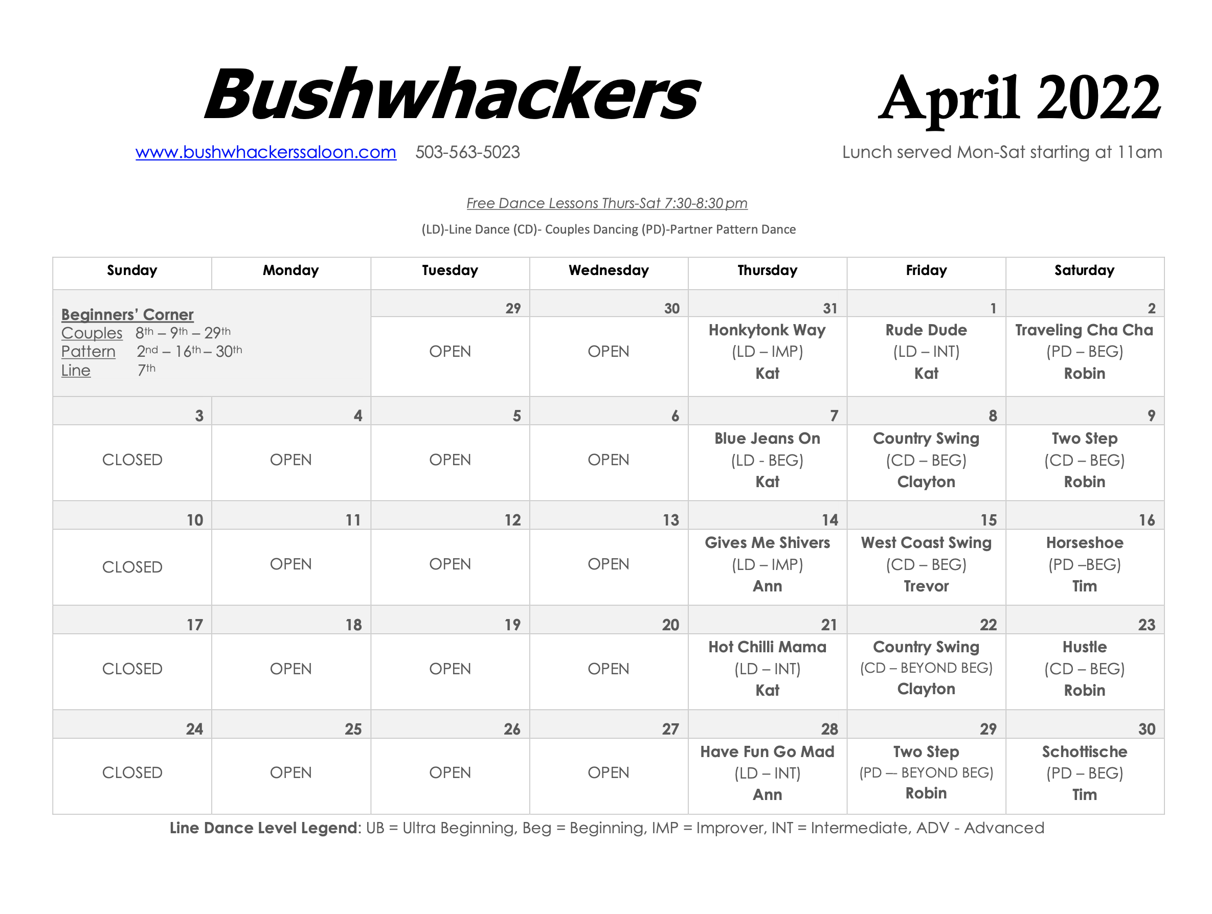 Dance Lessons – BUSHWHACKERS